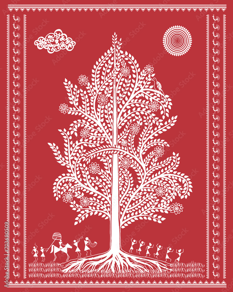 Village Festivities: Warli Painting with Tree, Everyday Life, and ...