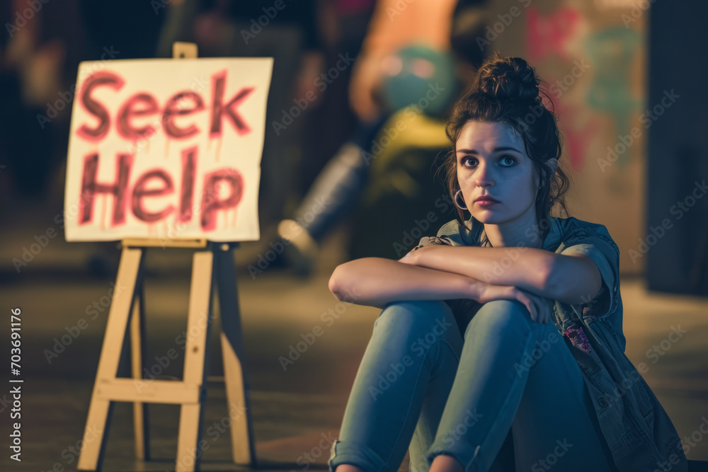 Seek help concept image with sad woman with friends and people helping ...