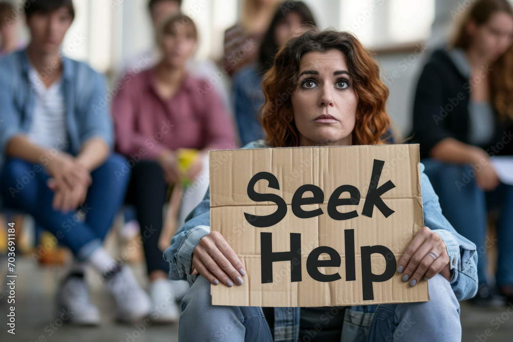 Seek help concept image with sad woman with friends and people helping ...