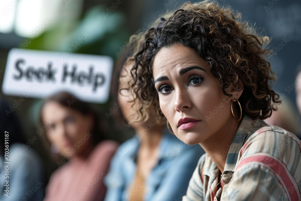 Seek help concept image with sad woman with friends and people helping ...