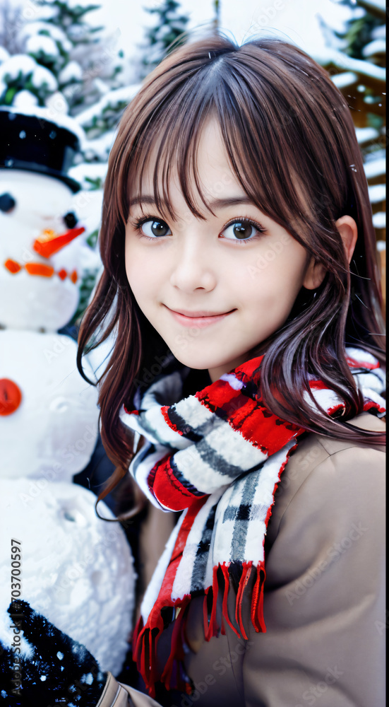 雪景色の中で雪だるまと笑顔の若い女性 Stock Photo | Adobe Stock