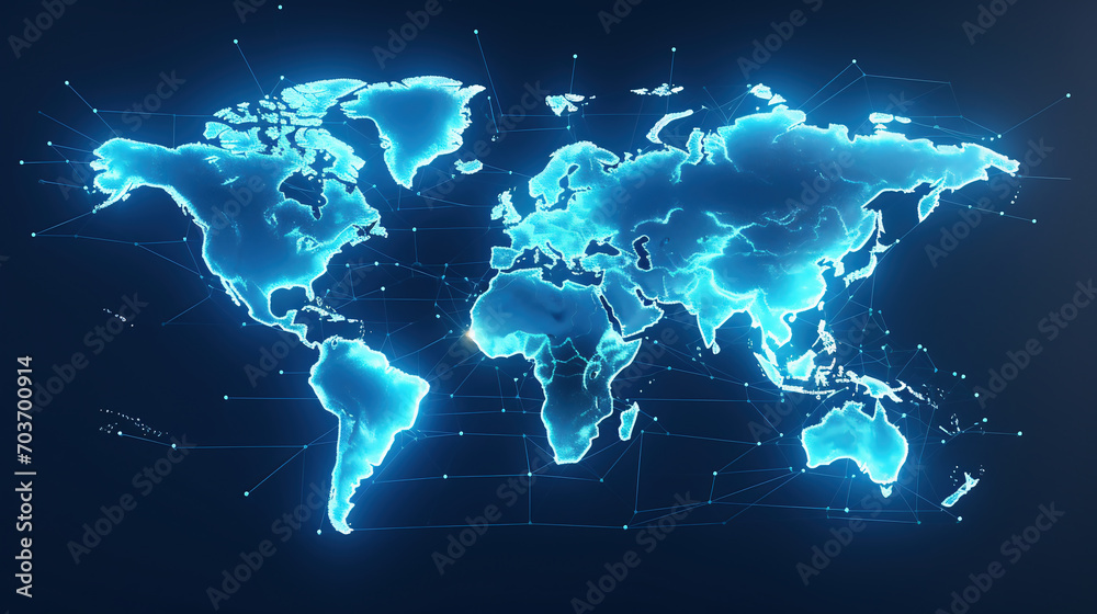 holographic of digital world map display, minimal gradient light blue background, technology ...