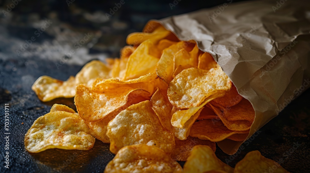 Potato Chips Spilling from a Crumpled Paper Bag onto a Dark Textured ...