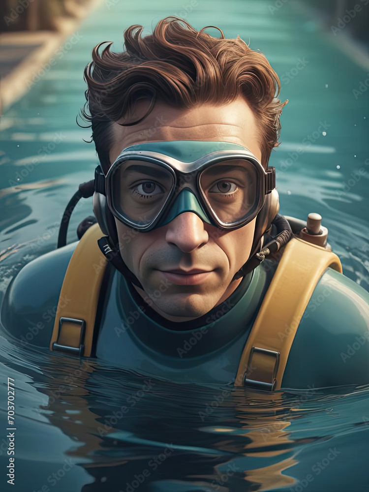 Triumphant Diver - A dramatic chiaroscuro close-up portrait of a retro ...