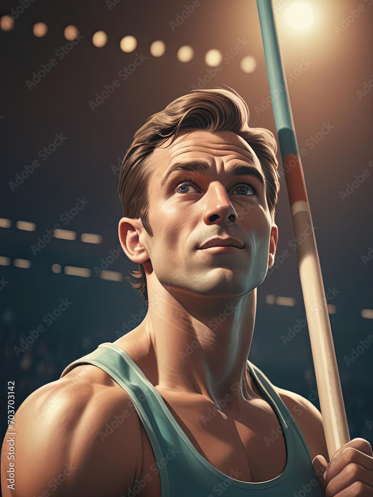 Triumphant Pole Vaulter - Retro-inspired close-up headshot portrait of ...