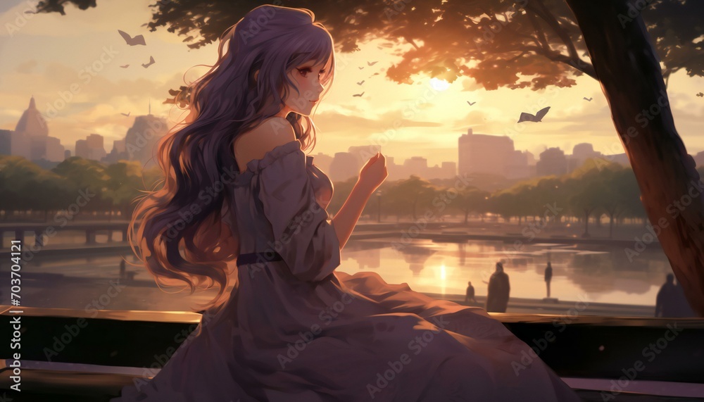 a woman sitting on a bench in front of a river, anime art wallpaper 8 k ...