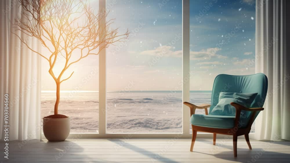 Chair in sunny window overlooking ocean with sunlight. stream overlay ...
