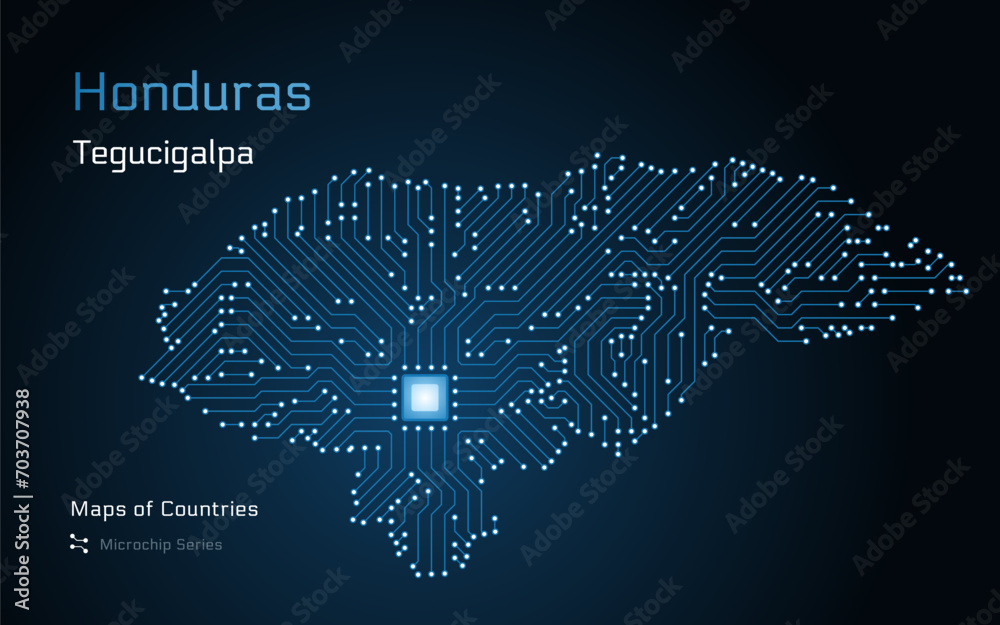 Honduras Map with a capital of Tegucigalpa Shown in a Blue Glowing ...
