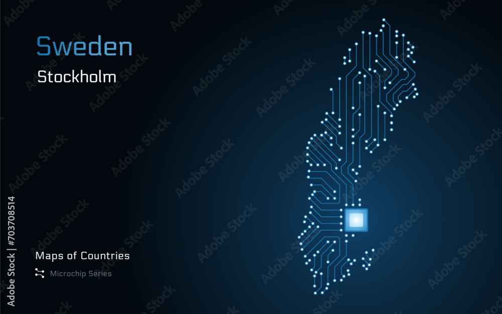 Sweden Map with a capital of Stockholm in a Blue Glowing Microchip ...
