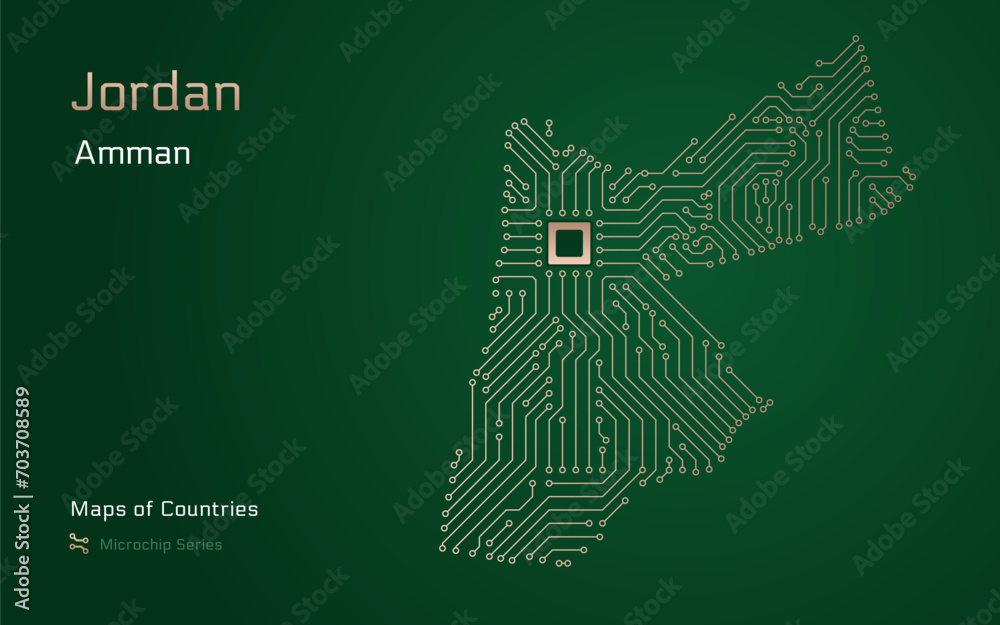 Jordan Map with a capital of Amman Shown in a Microchip Pattern. E ...