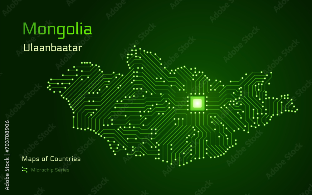 Mongolia Map with a capital of Ulaanbaatar Shown in a Green Glowing ...