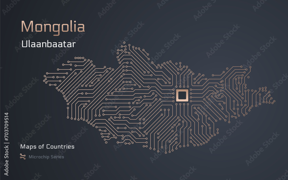 Mongolia Map with a capital of Ulaanbaatar Shown in a Microchip Circuit ...