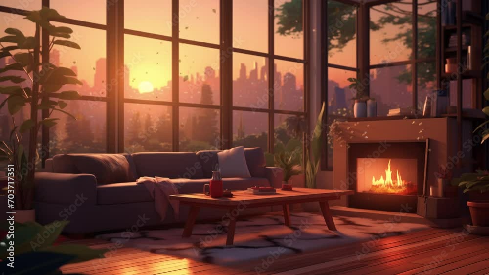 cozy living room with fireplace and greenery virtual. sofa cozy ...