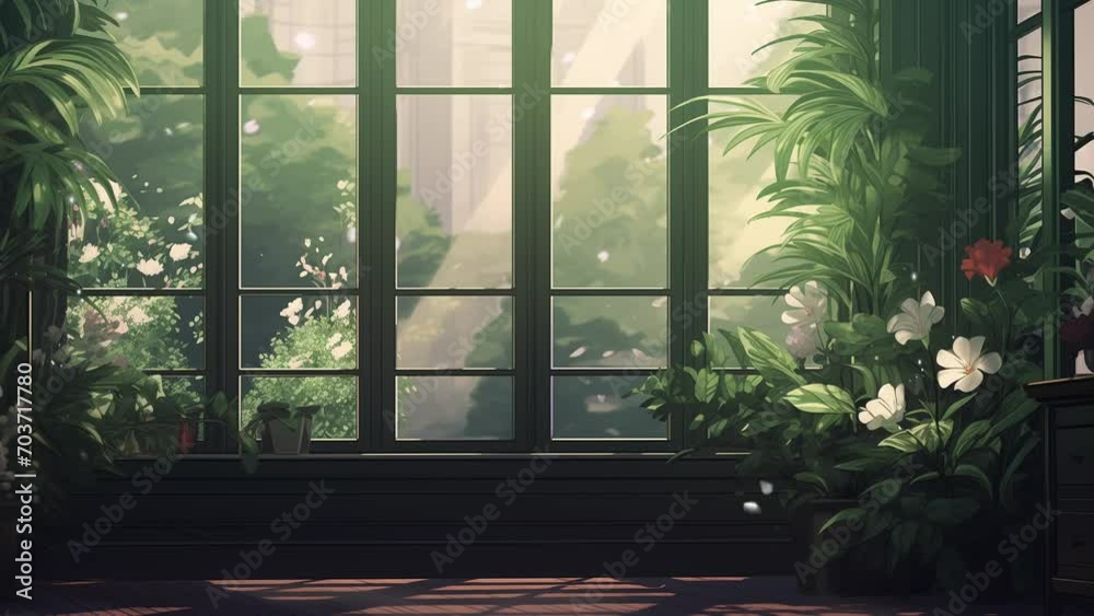 room with greenery flowers. petal falling outside. virtual backgrounds ...