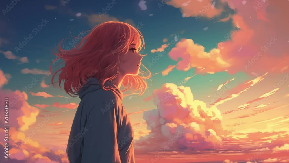 Slow flying clouds anime girl staring at skies. Sundown cloudy weather ...