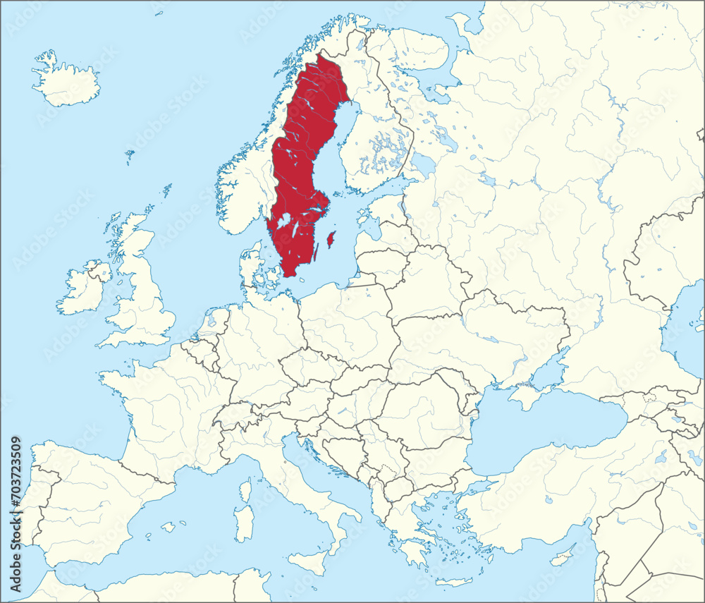 Red CMYK national map of SWEDEN inside detailed beige blank political ...