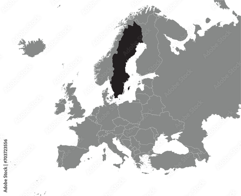 Black CMYK national map of SWEDEN inside detailed gray blank political ...