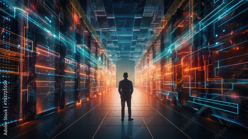 Futuristic Concept Data Centre. Technology Officer Standing In ...