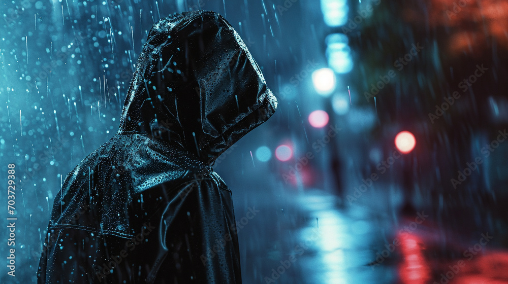 rainy day theme poster with 3D watery text, raincoat Moody background ...