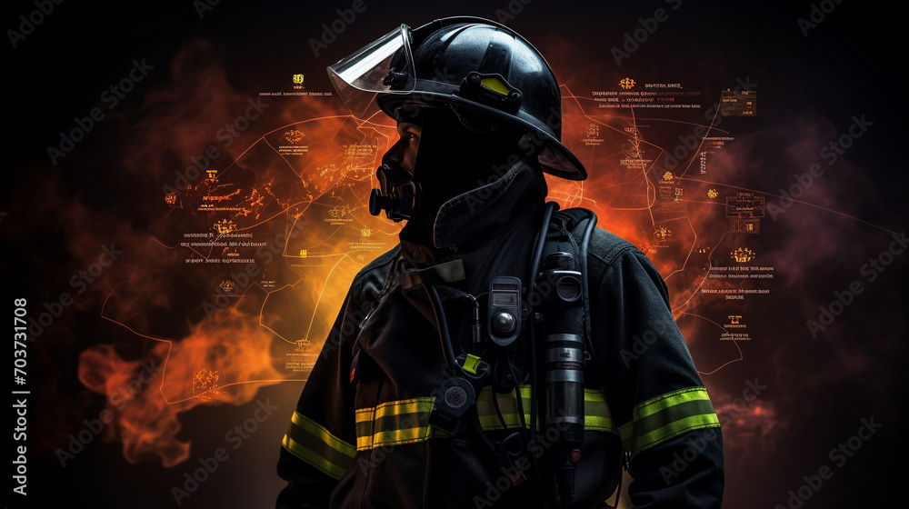 firefighter with emergency response HUD and rescue scenarios Stock-Foto ...