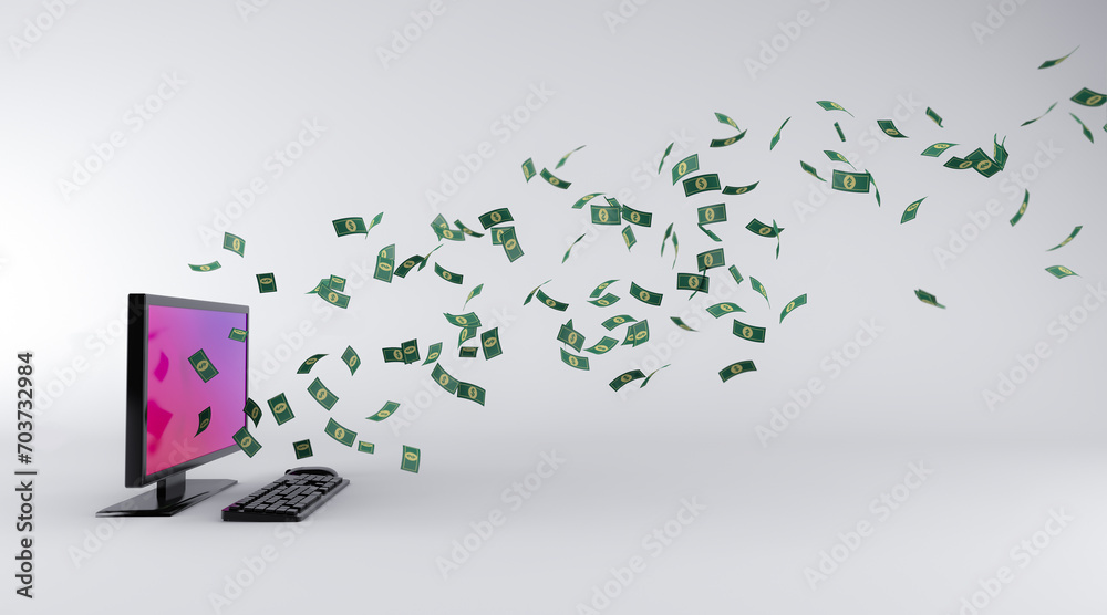 3D Rendering, Realistic banknotes flying with PC computer mock up, side ...