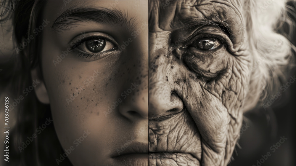 Split Portrait - A powerful close-up of a face divided into a young and ...
