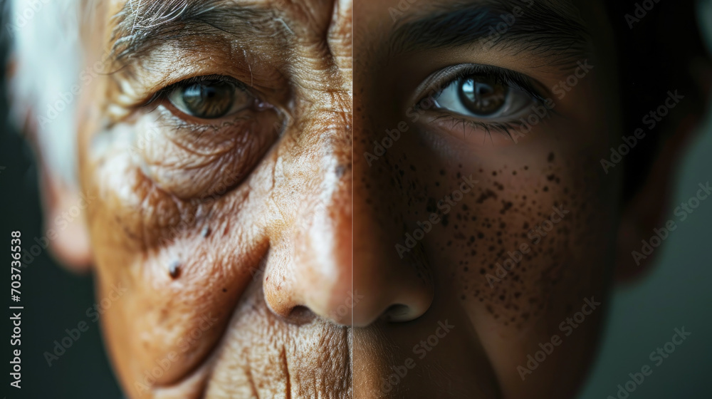 Generational Contrast - A dramatic close-up portrait of a person with ...