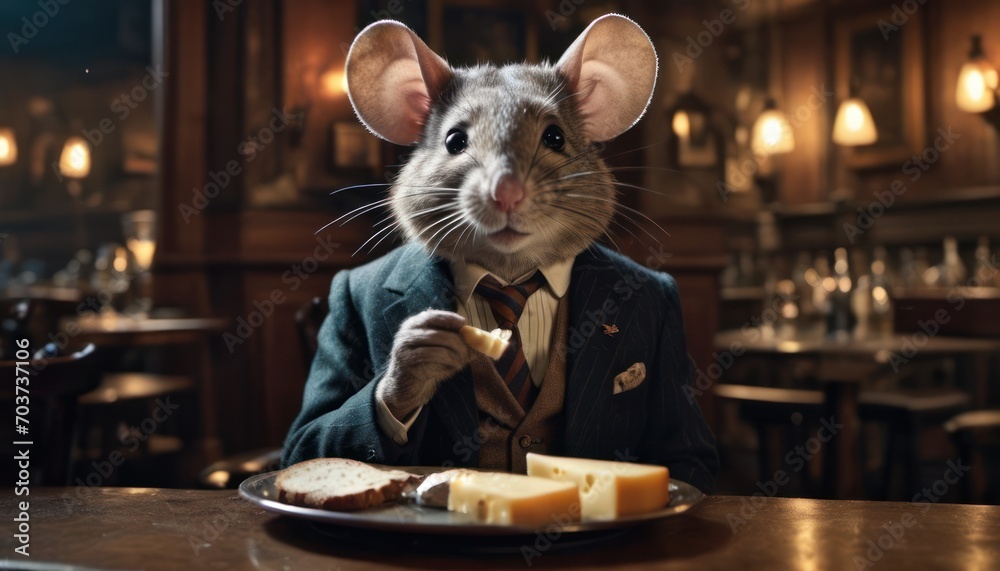 a rat in a suit and tie eating a piece of cheese with cheese slices on ...