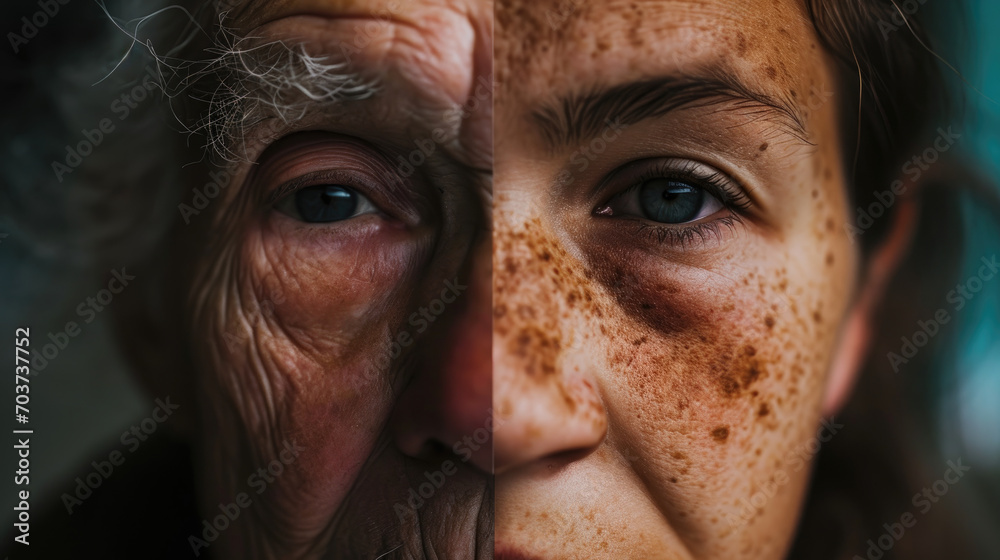 Dramatic Close-up Portrait - Half Young, Half Elderly: Conceptual photo ...