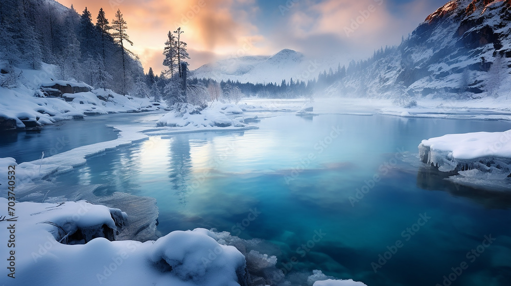 Steaming Hot Springs by a Frozen Lake. Natural hot springs. The scene ...