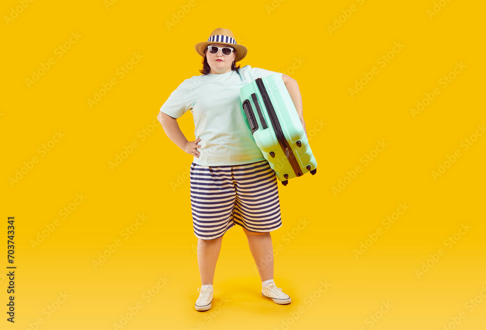 Fat woman going on summer holiday. Full body length portrait overweight ...