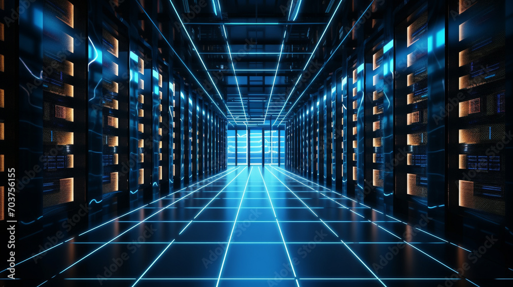 Modern Data Technology data centre Server Racks in Dark Room ...