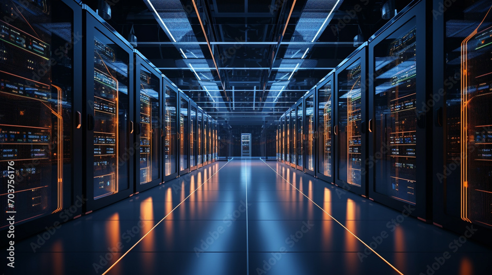 Modern Data Technology Data Centre Server Racks In Dark Room Visualization Concept Of Data Flow