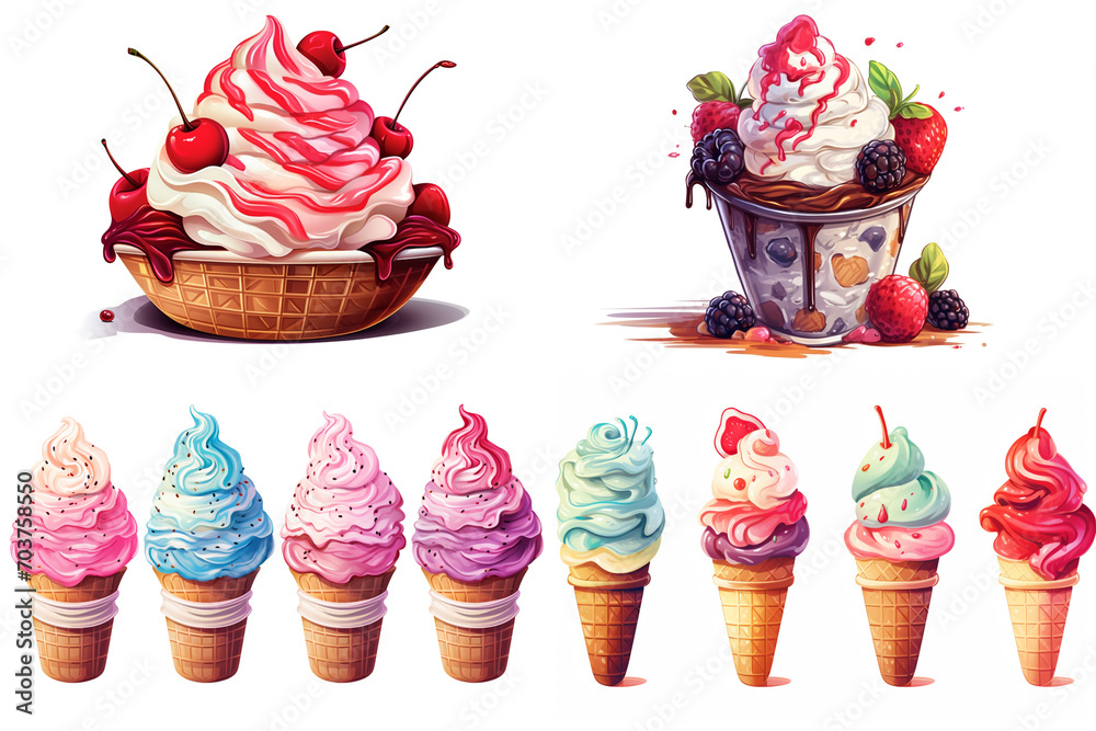 illustration of an ice cream set. Different types and tastes of cold ...