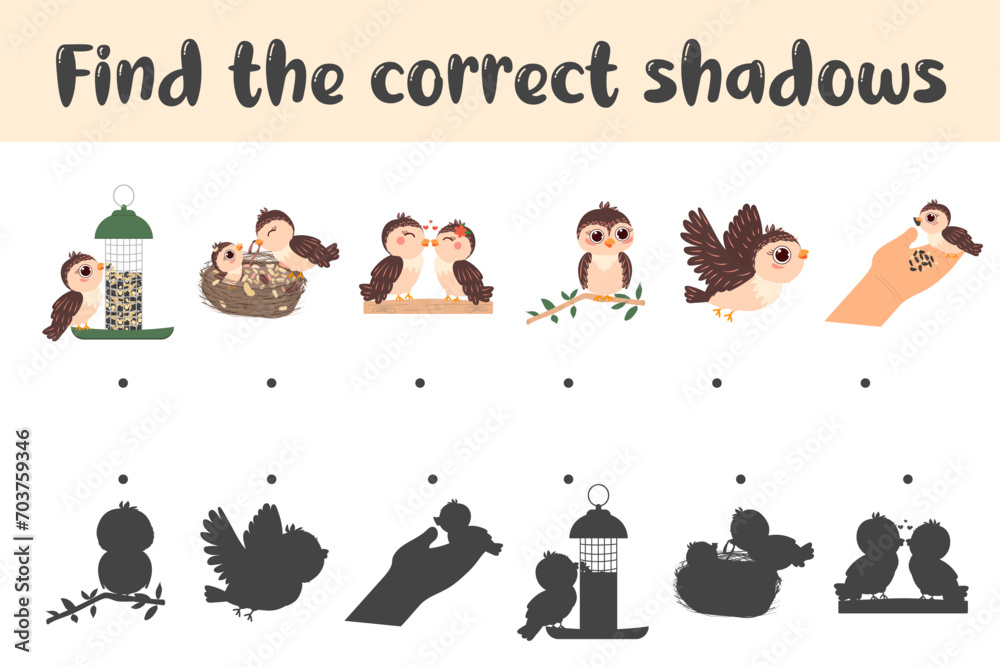 Find the correct shadows.Shadow matching game with drawn cartoon birds ...