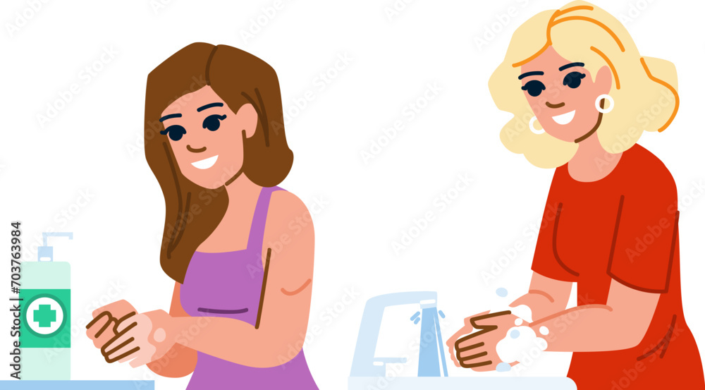 bathroom hand washing woman vector. foam clean, liquid care, hygiene ...