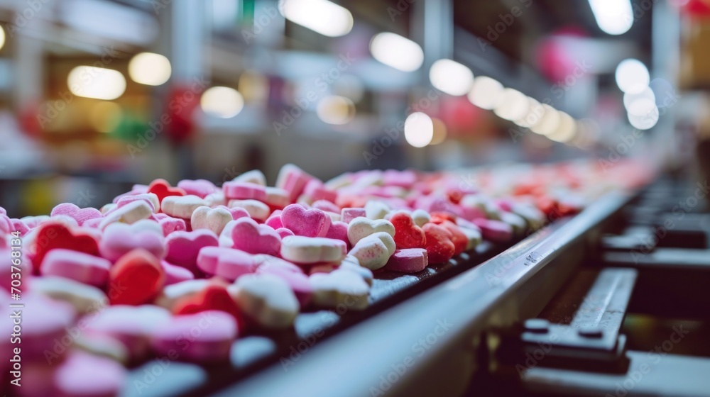 a conveyor belt filled with lots of pink and white heart shaped candies ...