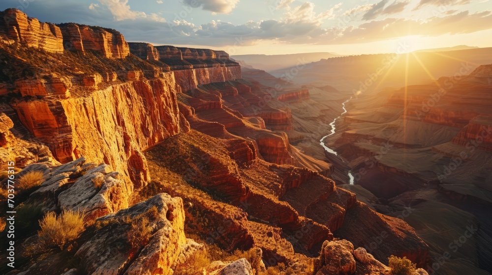 Generative AI conic canyon rims, drone's altitude, sun setting, rugged ...