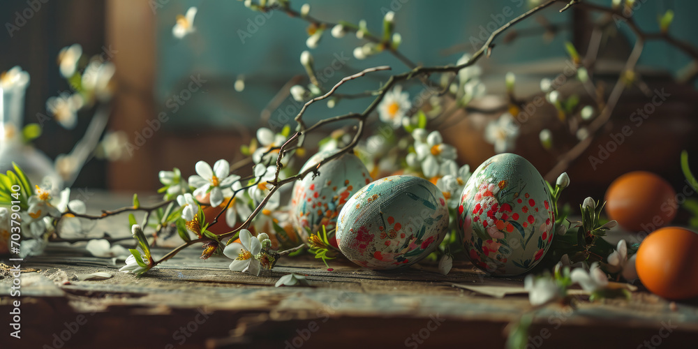 Easter-themed still life with painted eggs and spring flowers Stock ...