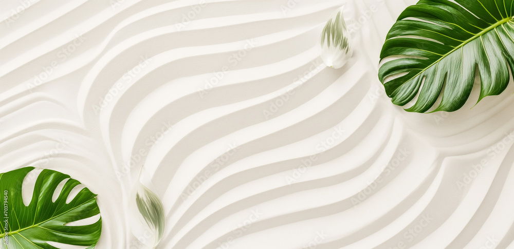 Zen pattern in white sand with palm leaves. Lines drawing on sand ...