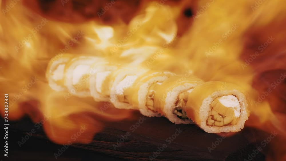 Fire food slow motion. Sushi burning. 4k footage Fresh Sushi Falling ...