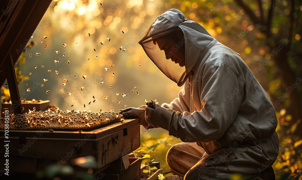 Beekeeper in Protective Suit Tending to Bees in Hives Amidst a Golden ...