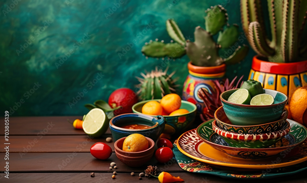 Festive Mexican culinary setup with vibrant ceramic dishes, traditional ...
