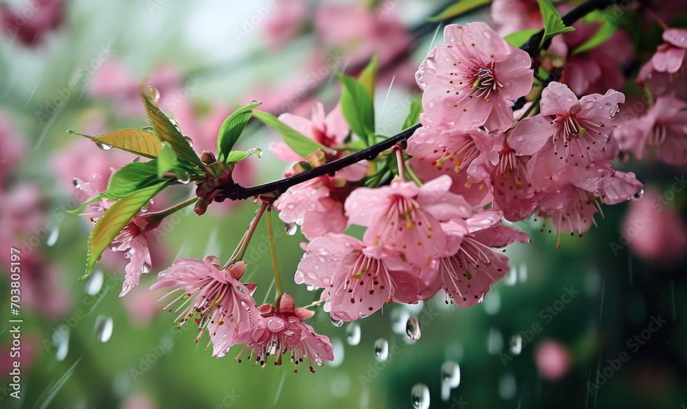 Cherry blossoms gently swaying on a rainy spring day, with droplets ...