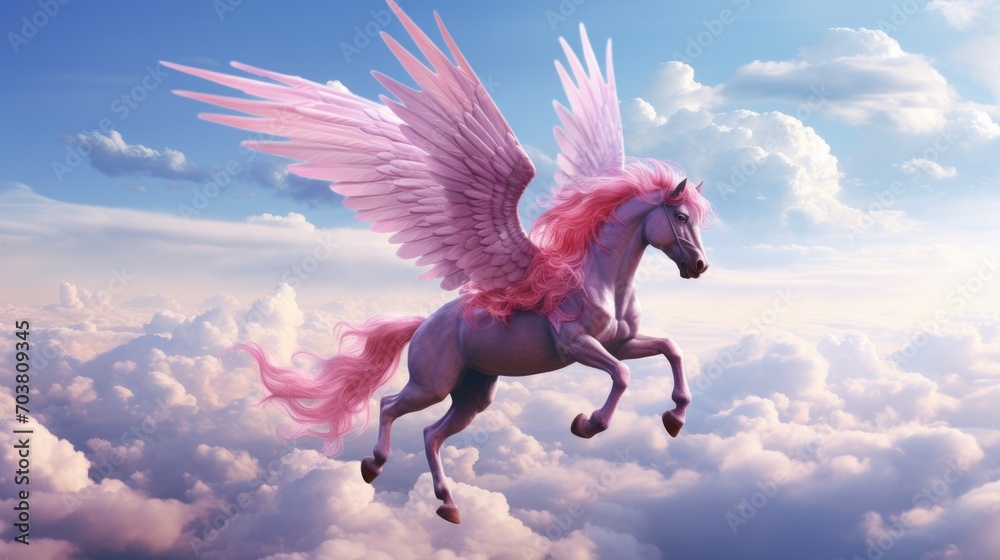Fantasy a pink pegasus flying sore wings in the dramatic clouds in the ...
