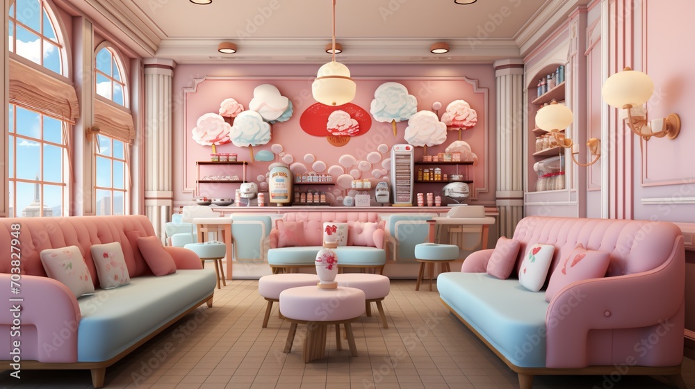 Pink and blue pastel Kawaii cafe interior design Stock Illustration ...