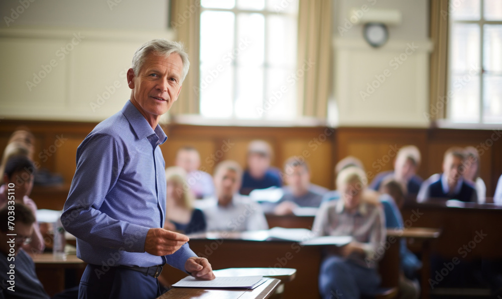 Professor, Teacher Man 55 years old with grey hair giving a lecture at ...