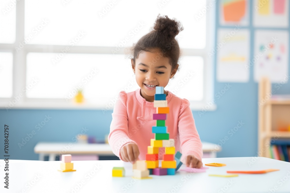 young girl using building blocks to construct a colorful tower Stock ...