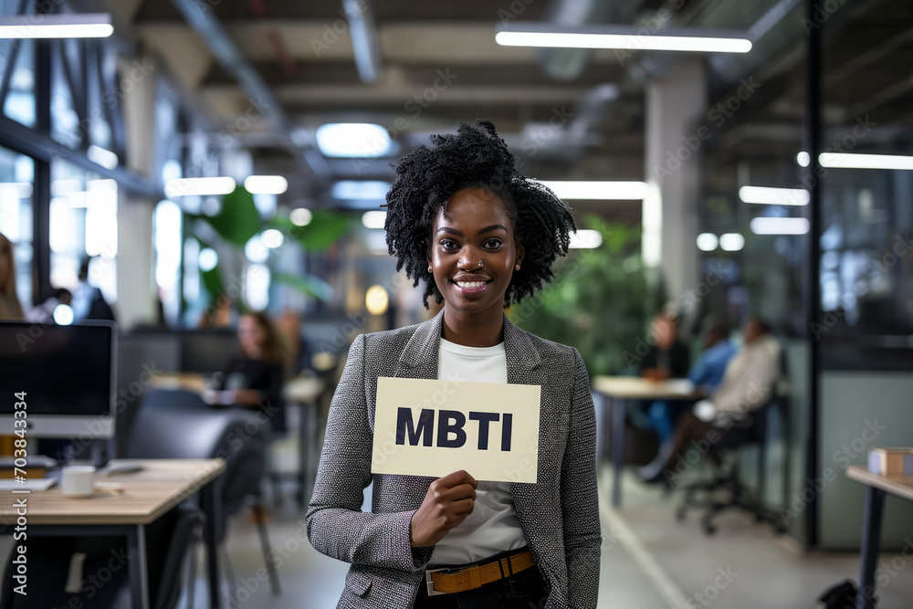 MBTI concept image with business woman holding a sign with written ...