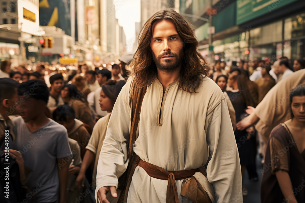 Jesus in modern city with people Stock Illustration | Adobe Stock